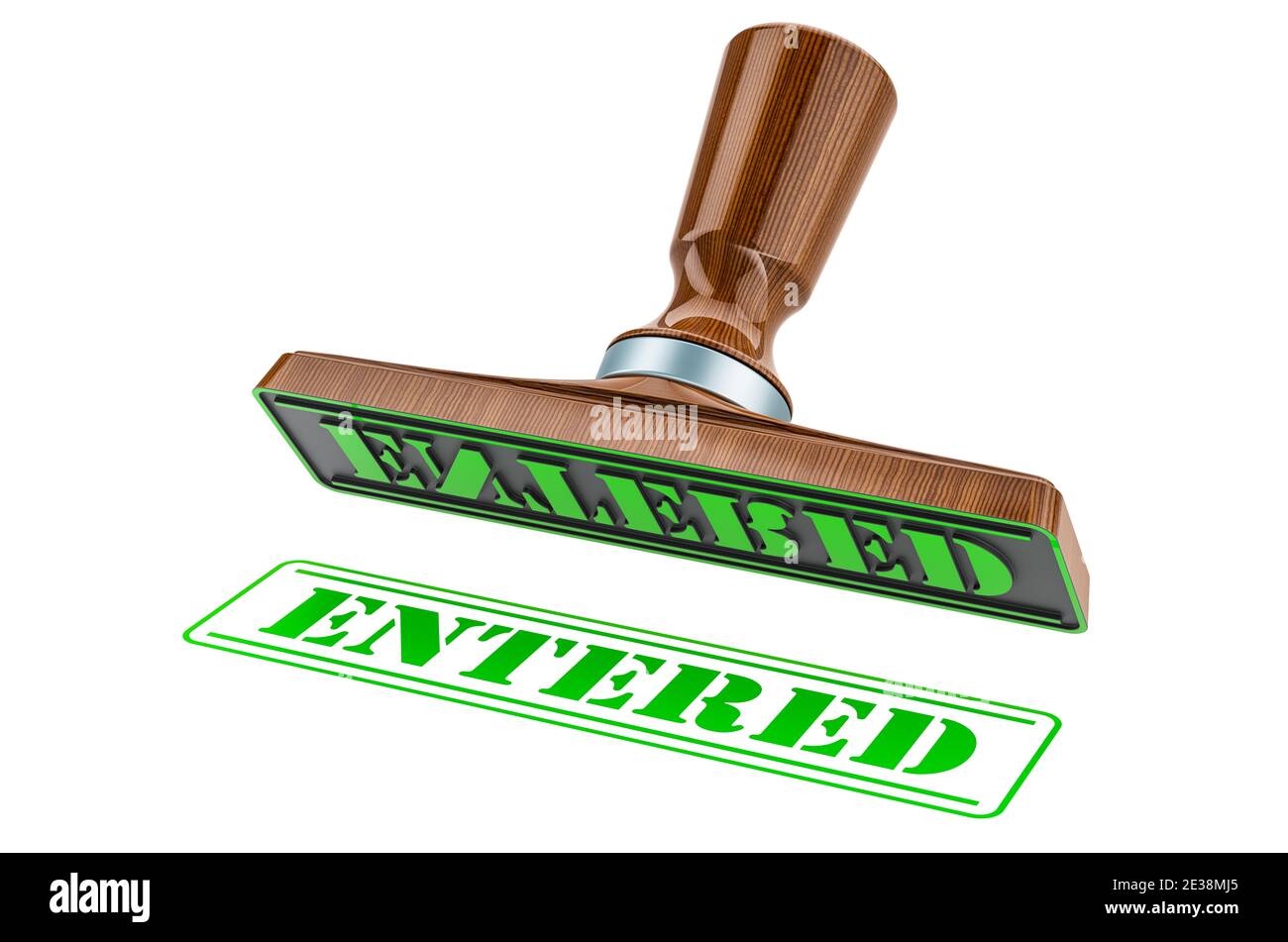 Entered stamp. Wooden stamper, seal with text entered, 3D rendering ...