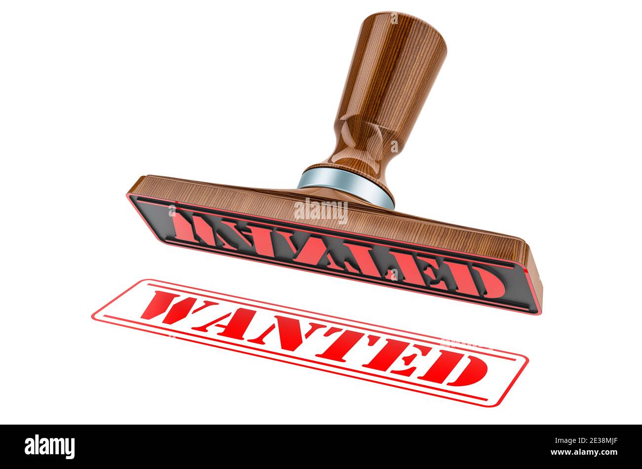 Wanted stamp. Wooden stamper, seal with text wanted, 3D rendering ...