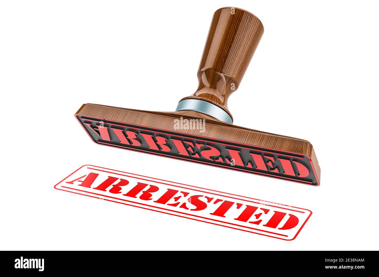 Arrested stamp. Wooden stamper, seal with text arrested, 3D rendering ...