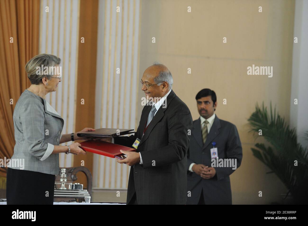 Michele Alliot-Marie and Srikumar Banerjee are pictured during the ...