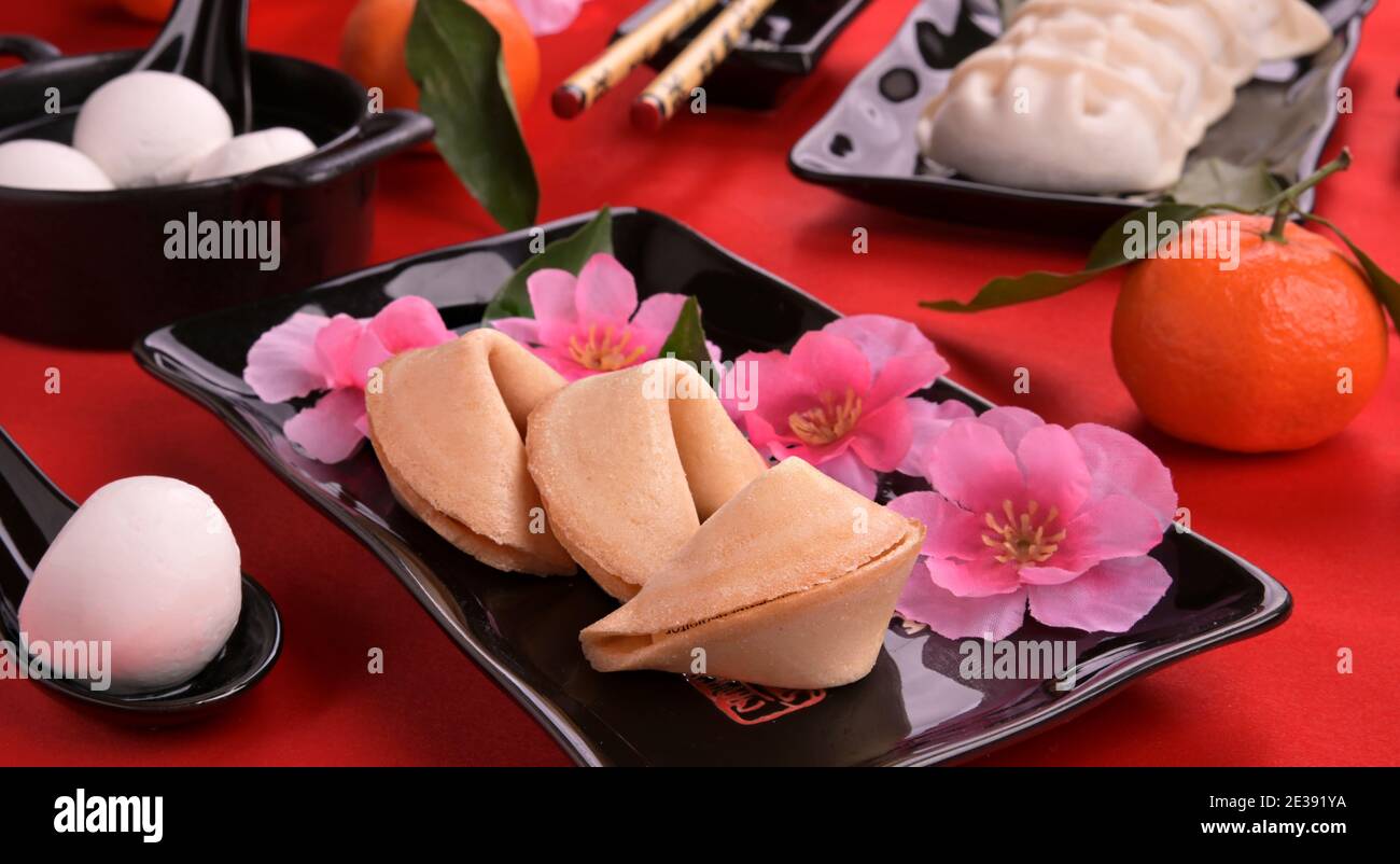 Wish cookies on a red background. Traditional Chinese dinner at the Red ...