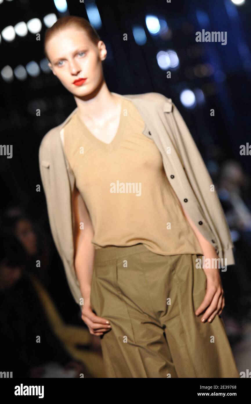 A model displays a creation by designer Roland Mouret for his spring ...