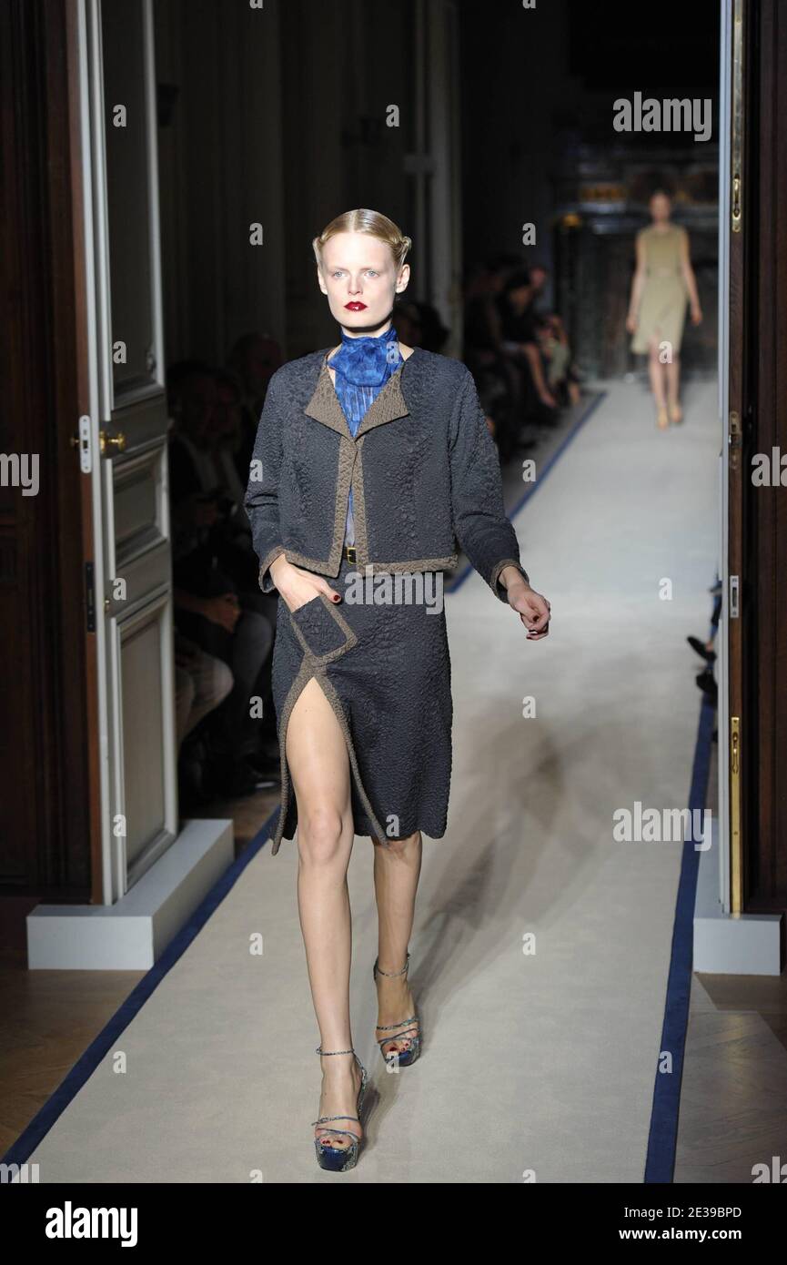 A model displays a creation by designer Stephano Pilati for Yves Saint ...