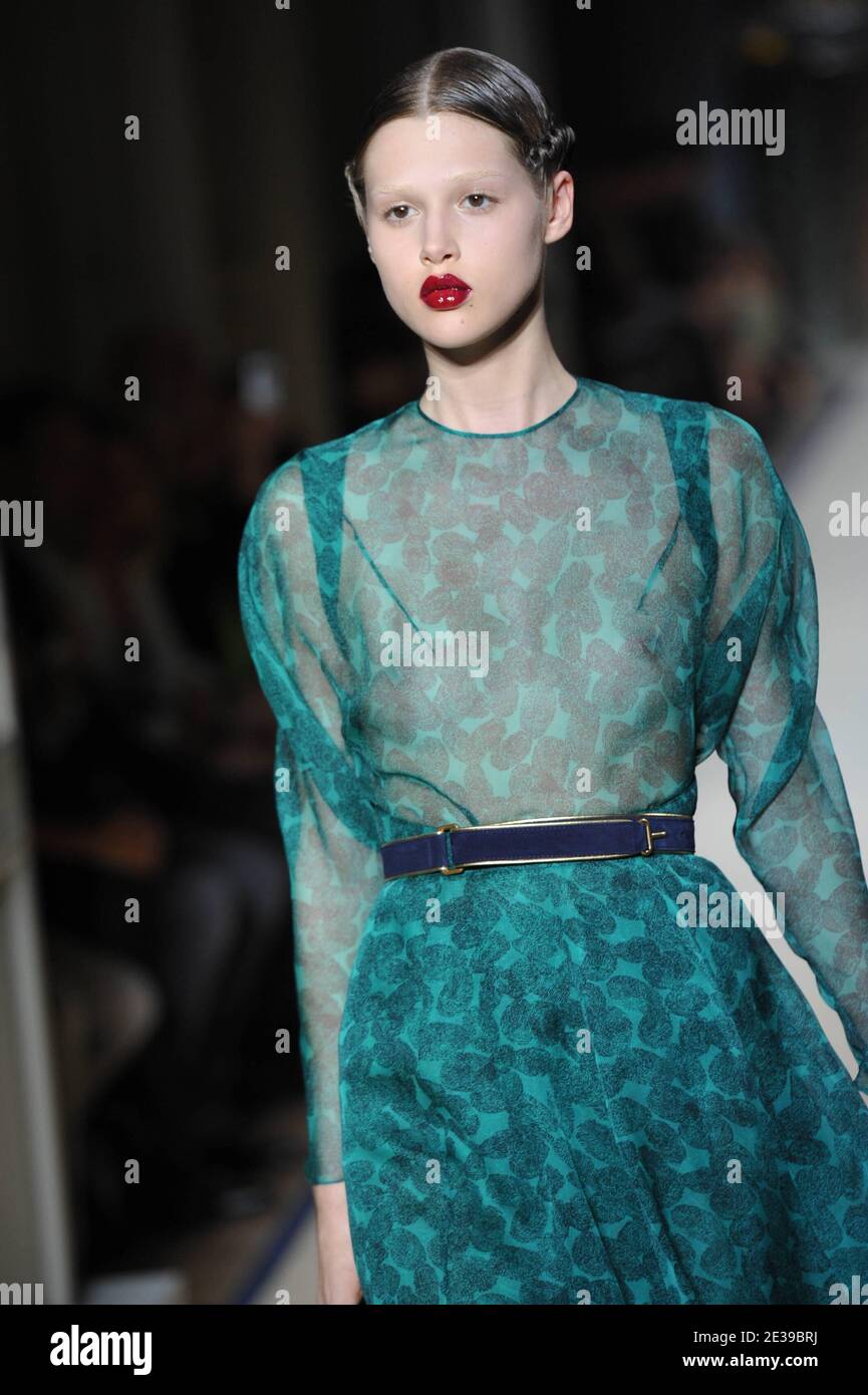 A model displays a creation by designer Stephano Pilati for Yves Saint ...