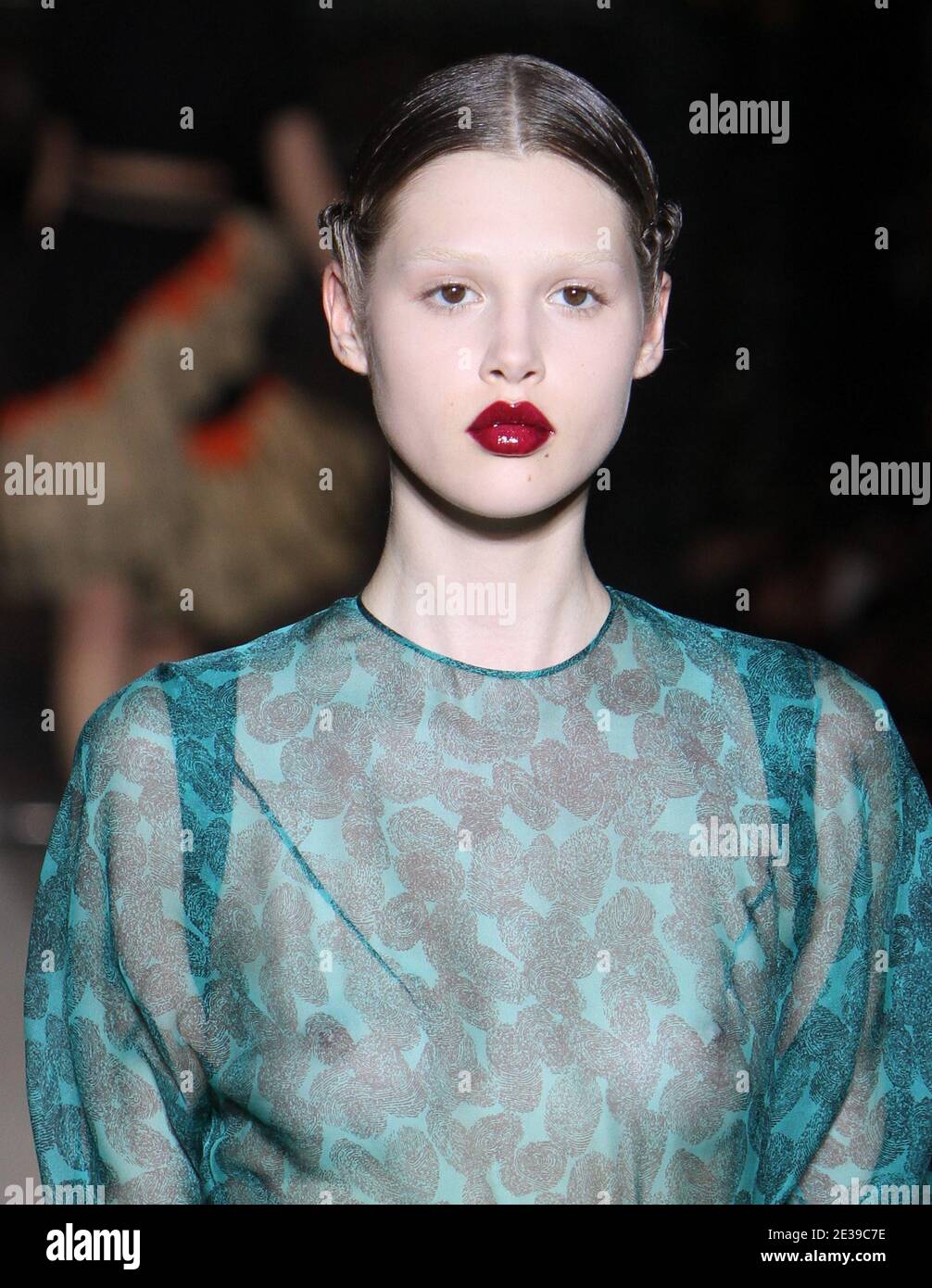 A model displays a creation by designer Stephano Pilati for Yves Saint ...