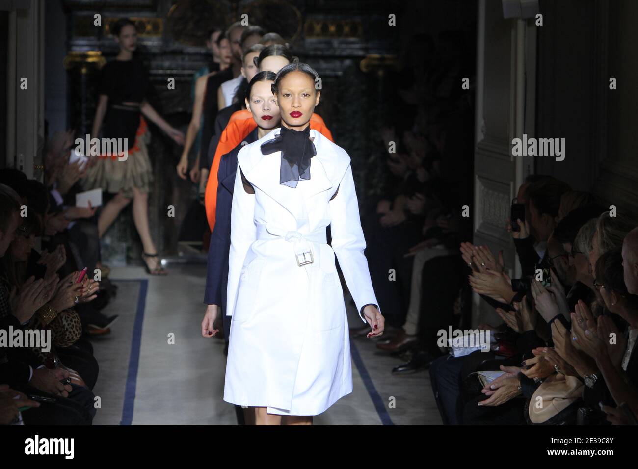 A model displays a creation by designer Stephano Pilati for Yves Saint ...