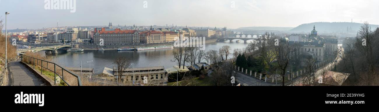 Scenic high angle view along Vltava river from slope of Letna Park hill ...