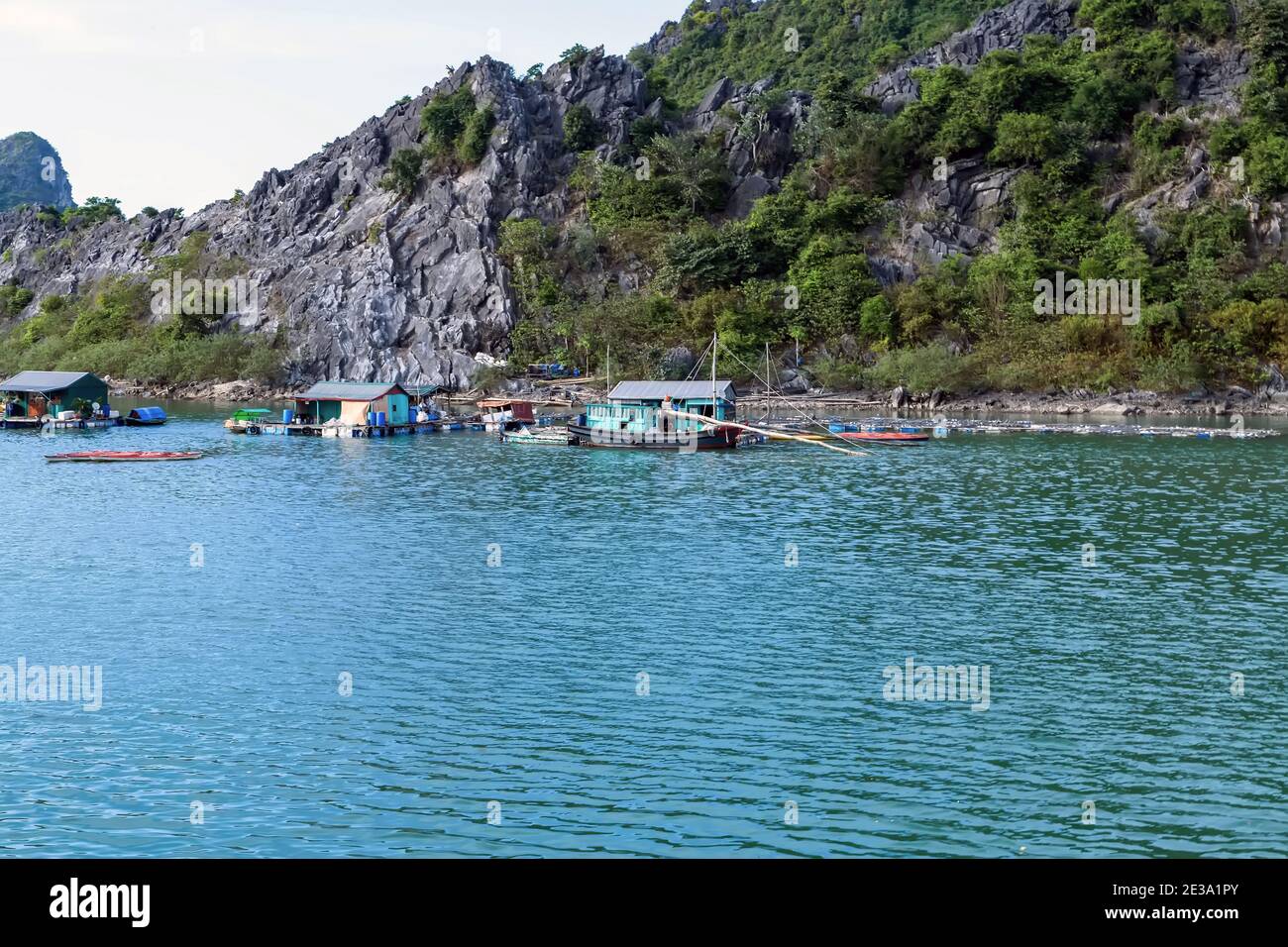 Panorama view of fishing boats, mountain limestone islands landscape in ...
