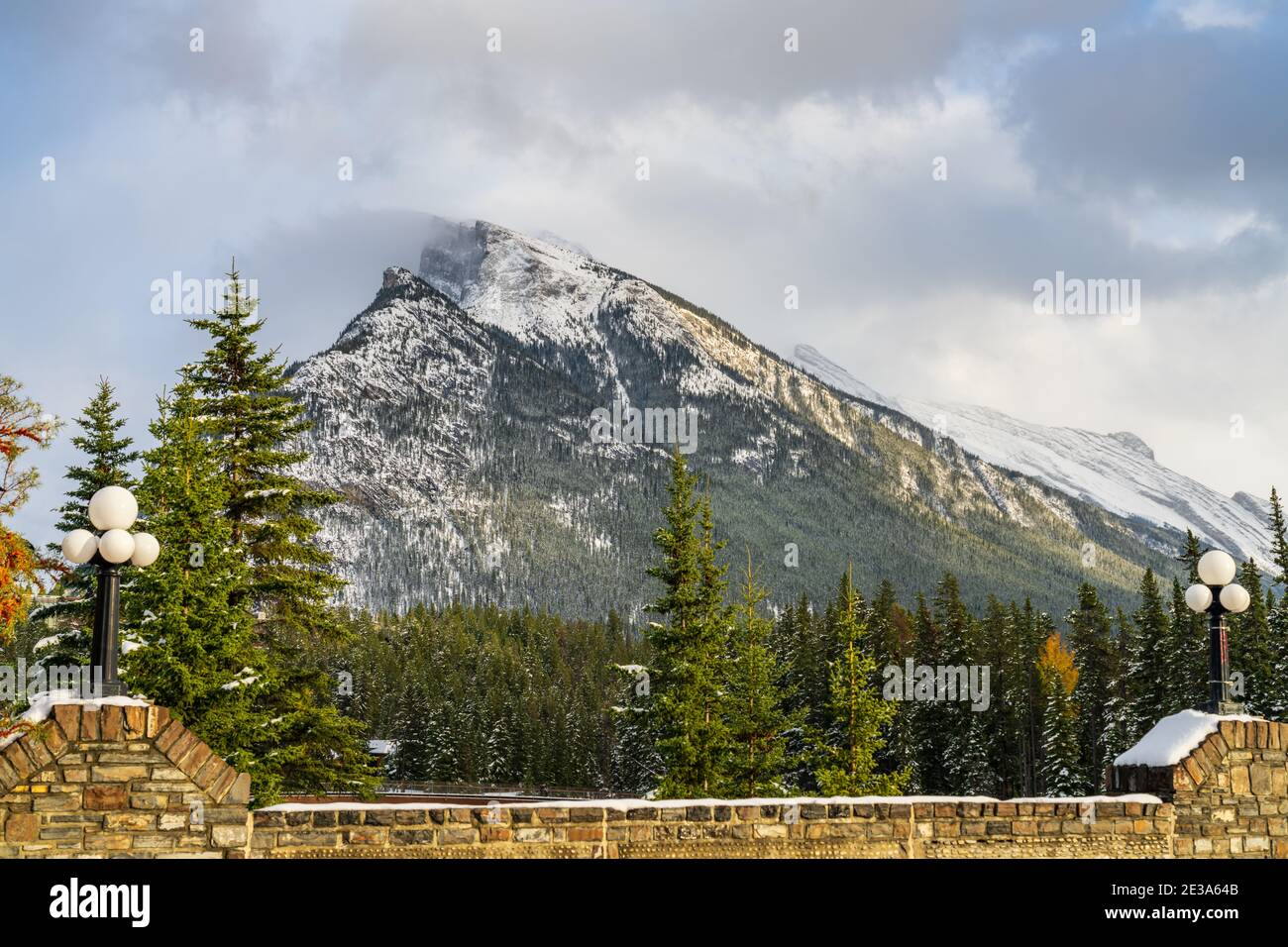 Snow-covered Mount Rundle mountain range with snowy forest over blue ...