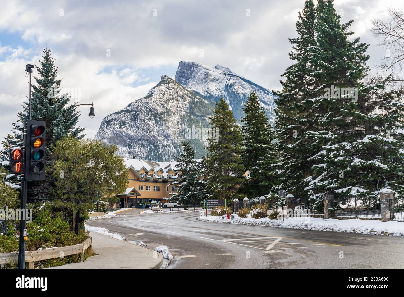 Town of Banff street view in snowy day. Banff National Park, Canadian ...