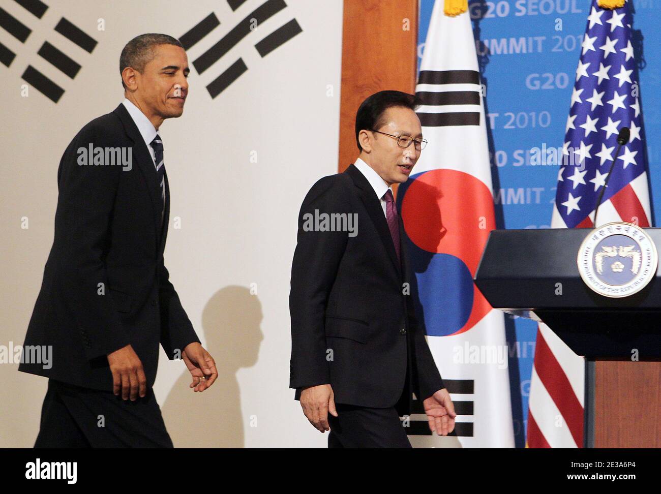 U.S. President Barack Obama and South Korean President Lee Myung-bak ...