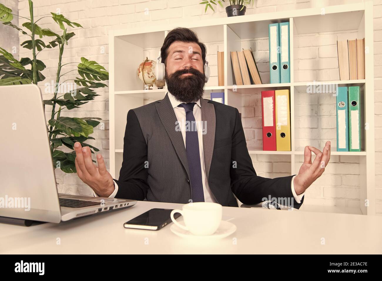 Meditation in office. Relaxing and calming down. Crisis management ...