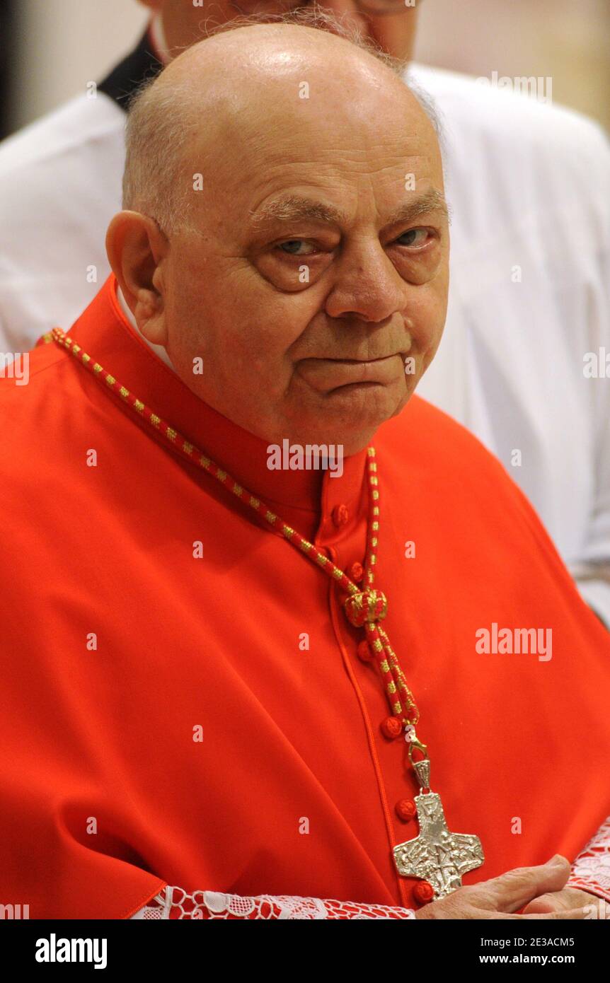 New cardinal Elio Sgreccia receives the biretta cap from Pope Benedict ...