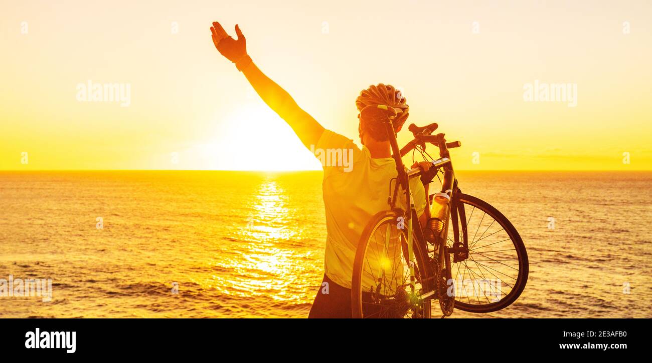 Success, achievement, accomplishment and winning concept with cyclist ...