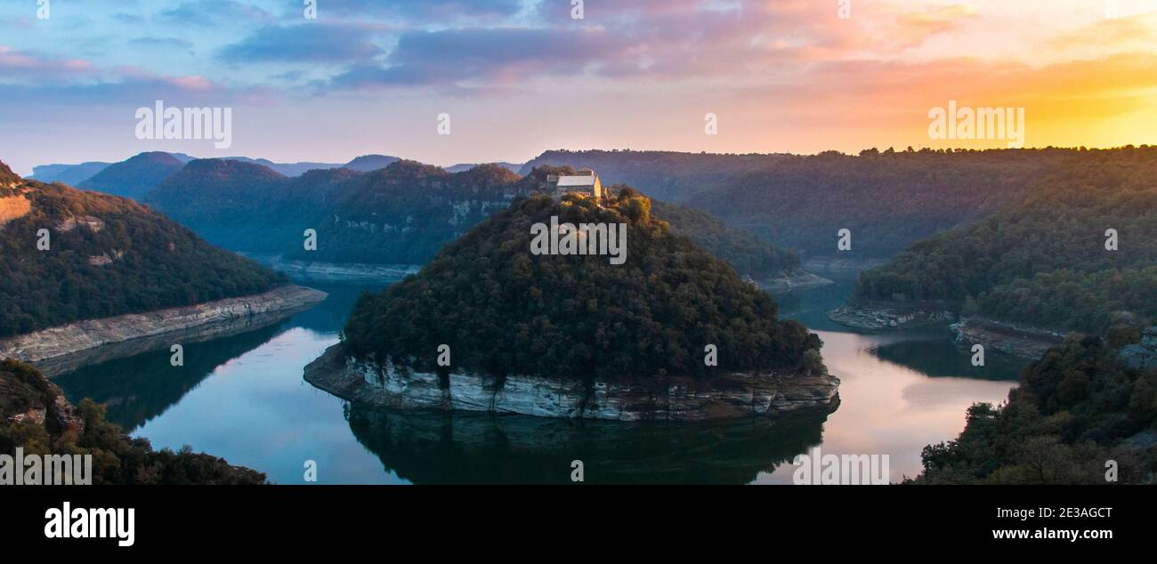 River meander landscape panorama at sunset. Isolated religious ...