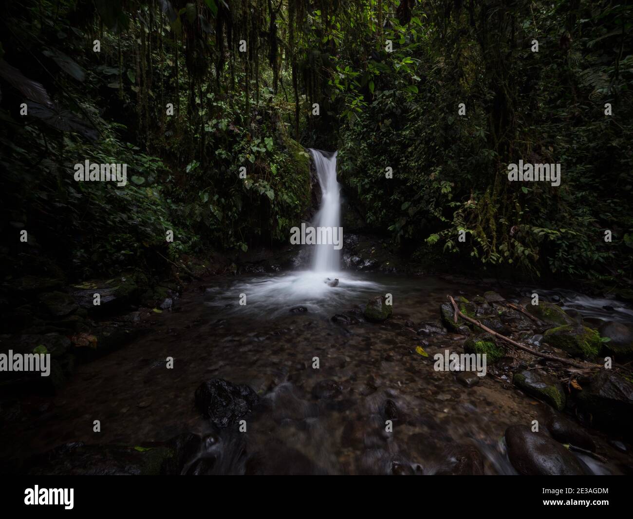 Panorama view of Cascada Azul blue waterfall in tropical rain cloud ...