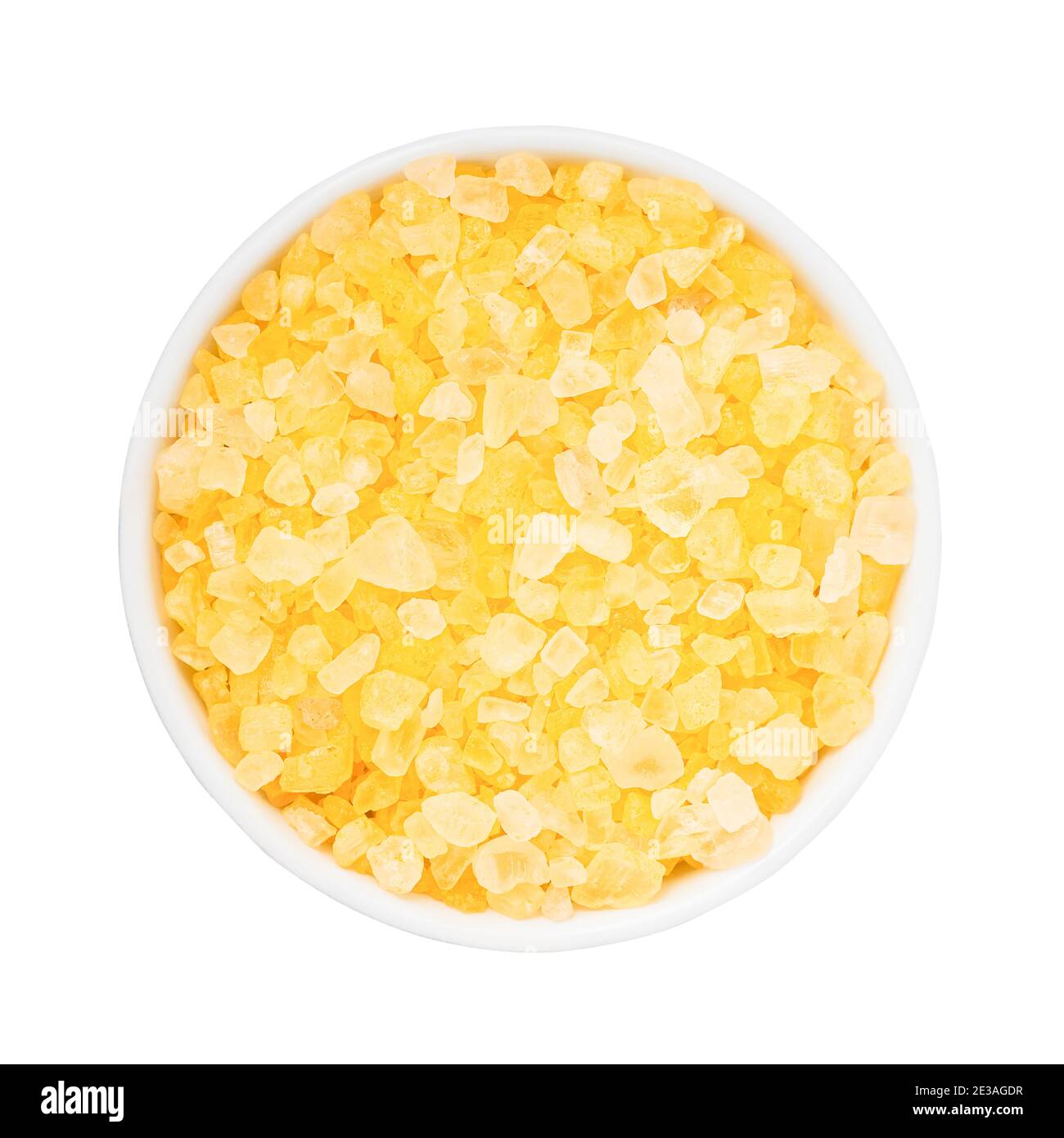 SPA concept. Yellow bath salt in bowl isolated over white with clipping ...