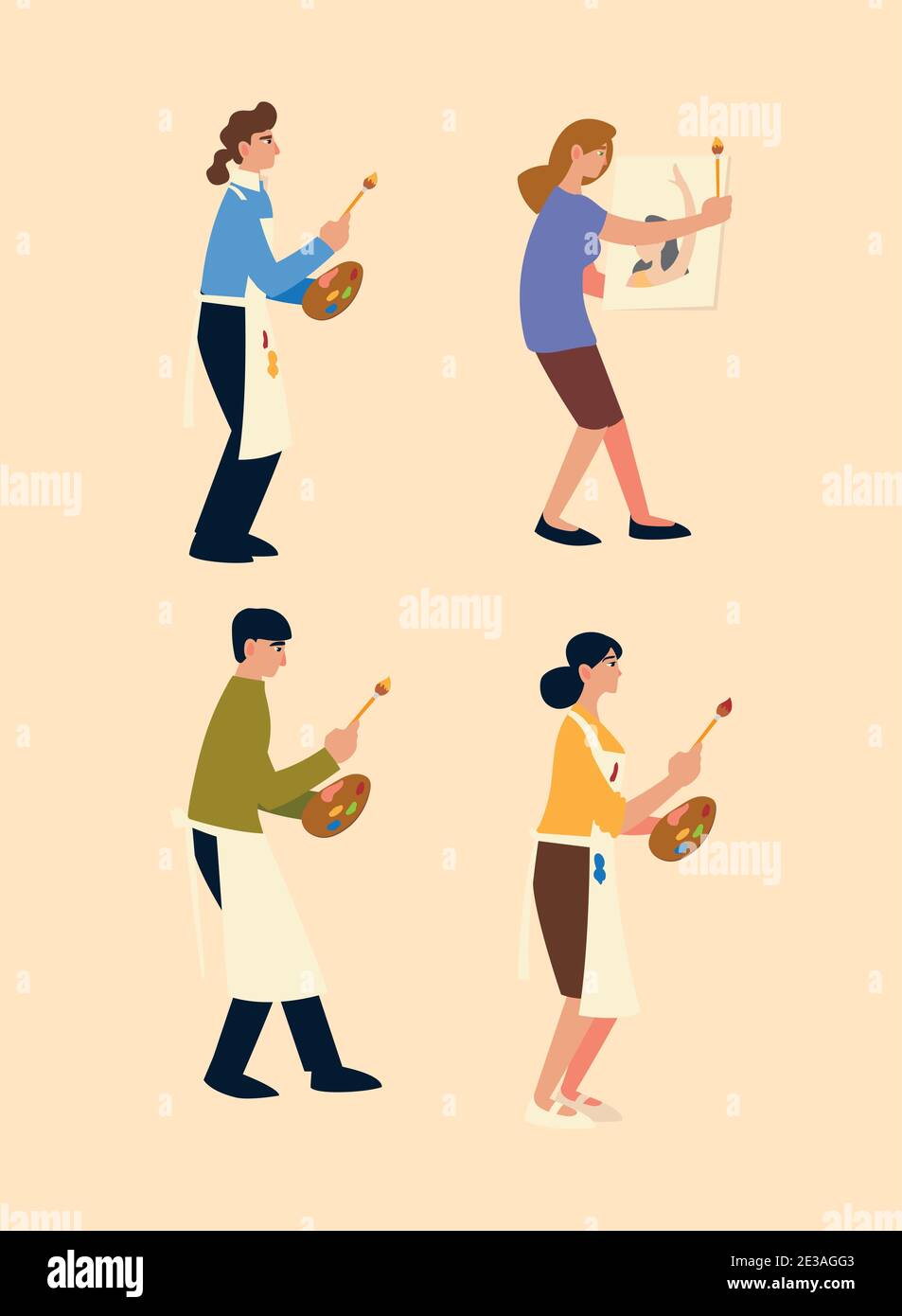 paint class art, artist male and female painters with paintbrush and ...