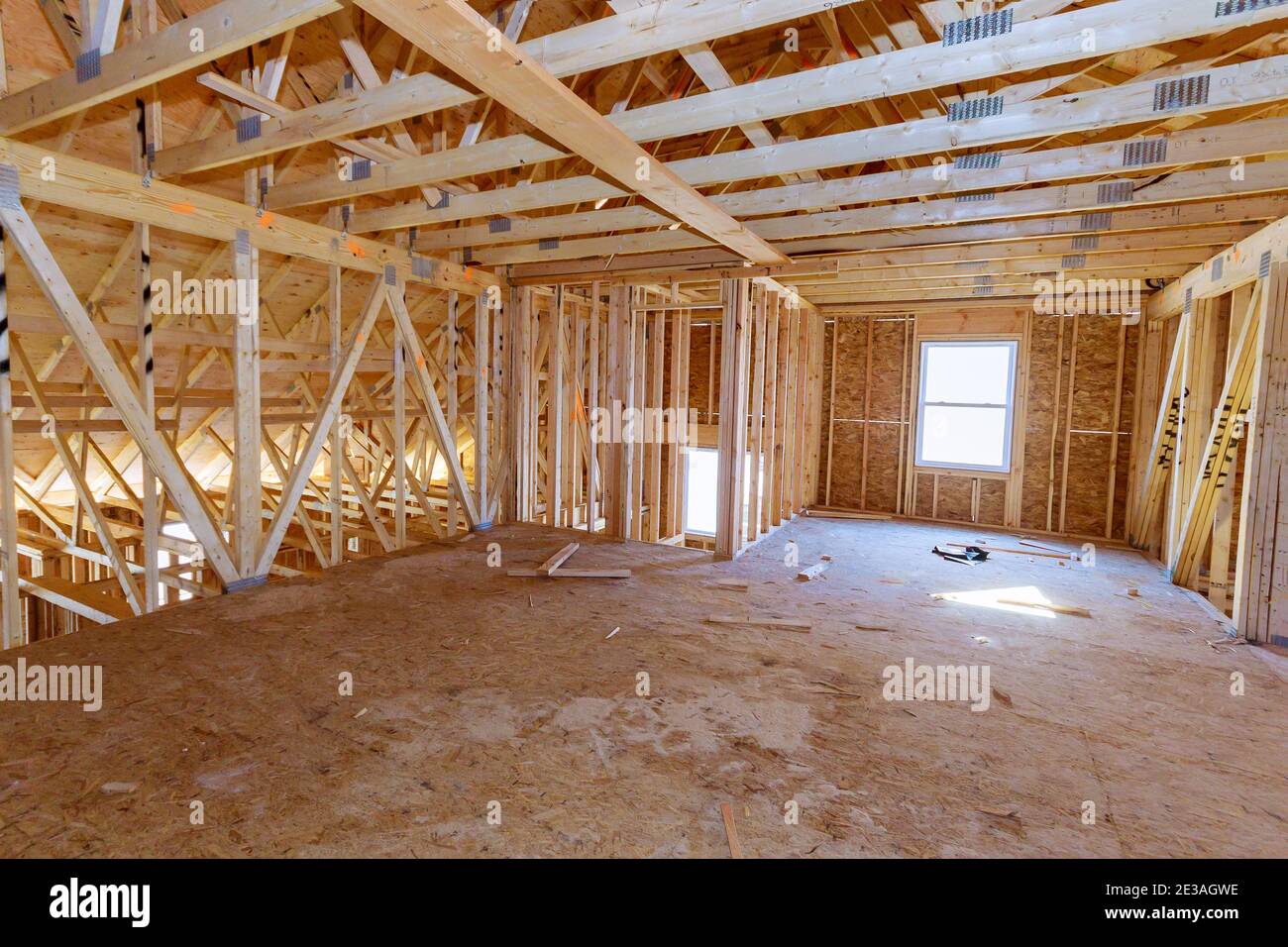 Frame house roof of pipe heating system, house attic under construction ...