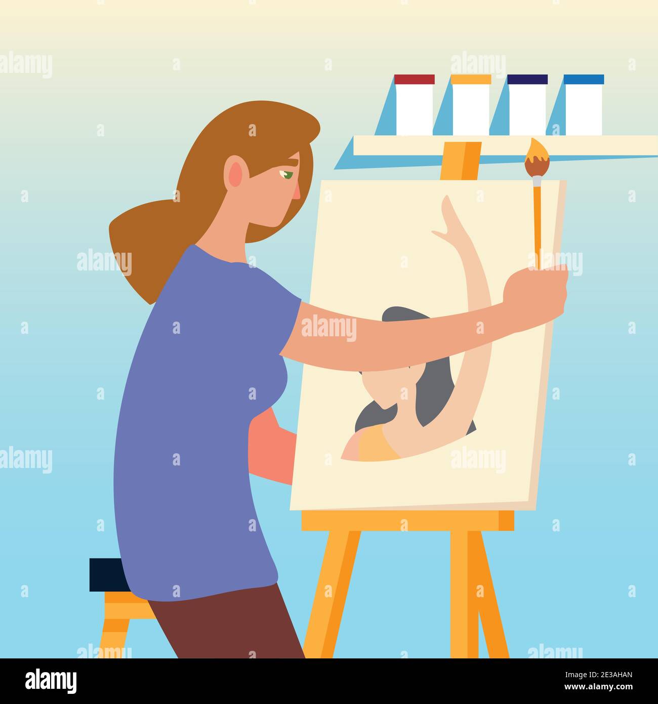 paint class art, woman student painting in the studio Stock Vector ...