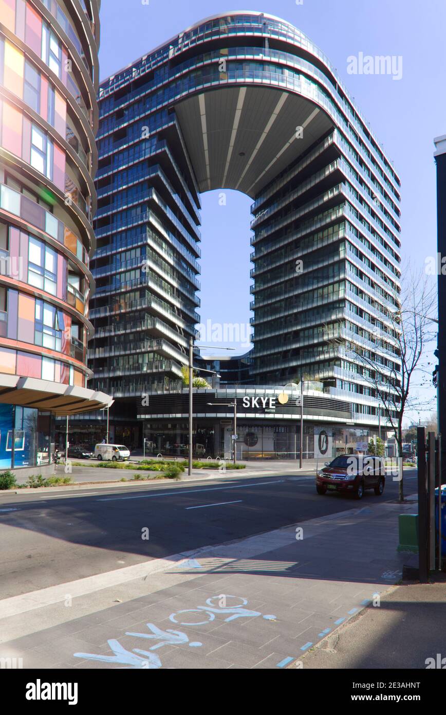 The modern architectural style of the Skye residential towers in Green ...