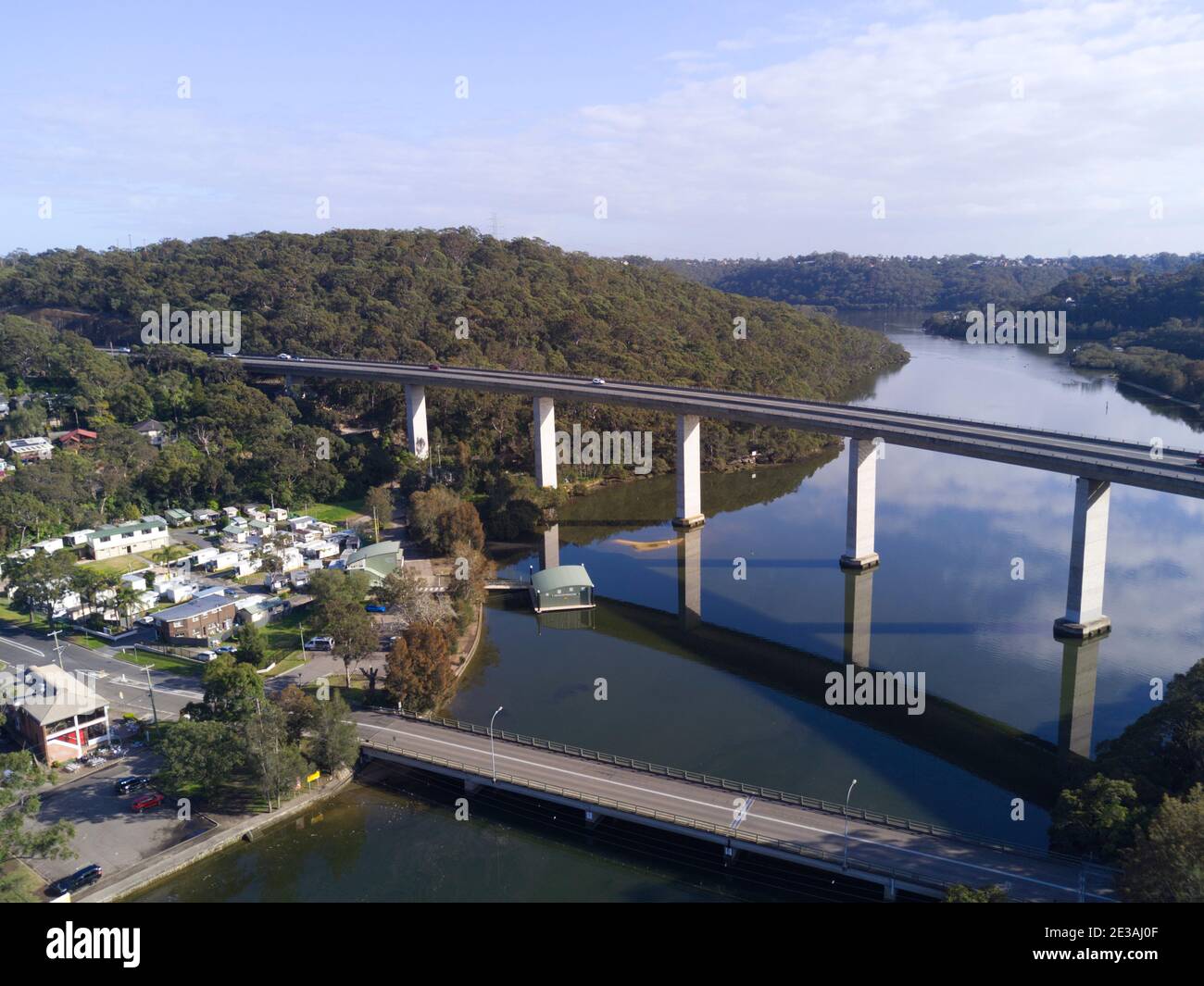 Aerial of bridge over the Woronora River a riverfront suburb in ...