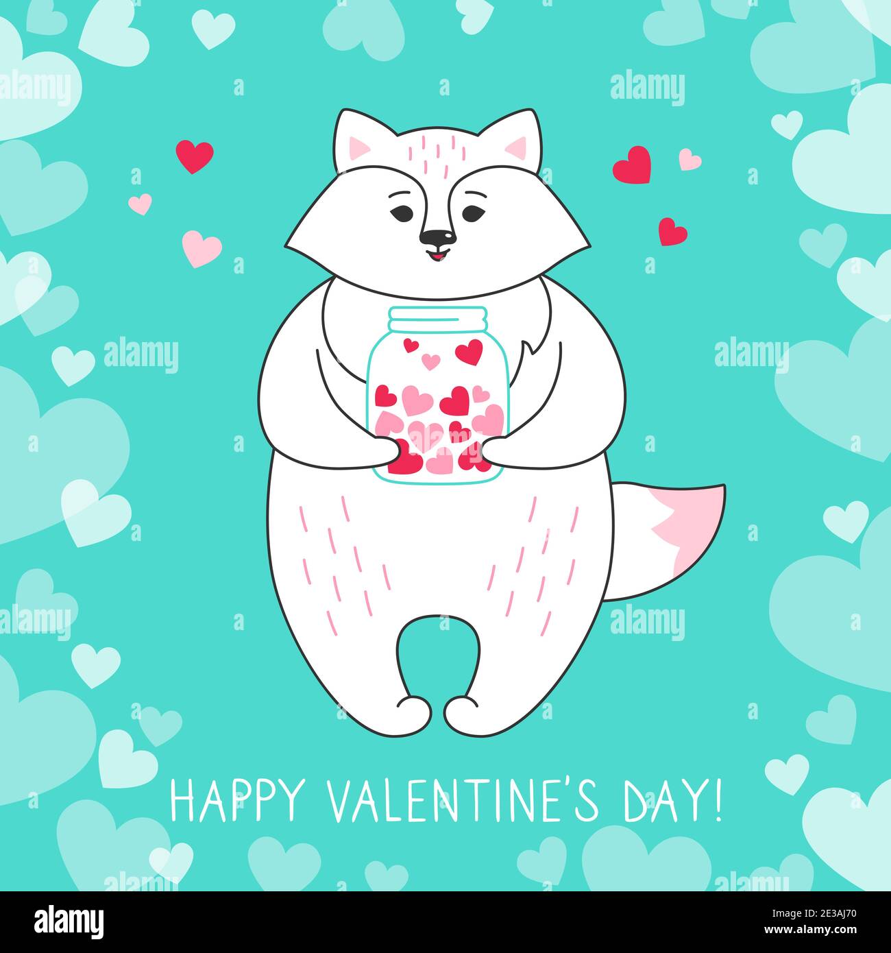 Happy valentines Day greeting card, fox holding jar of hearts, Draw ...