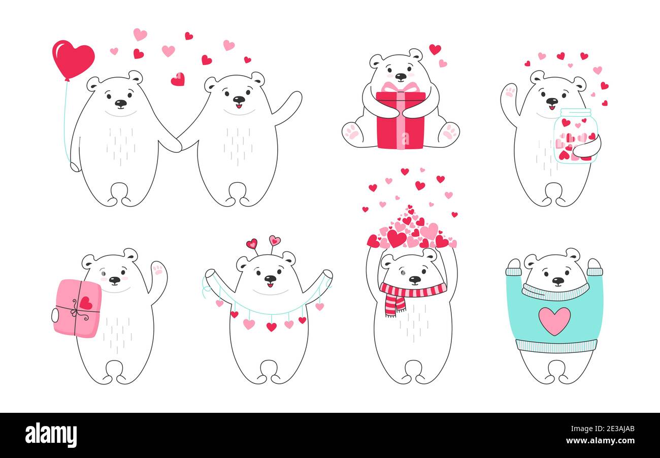 Polar bear cartoon set for greeting card Valentines Day. Hand drawn ...