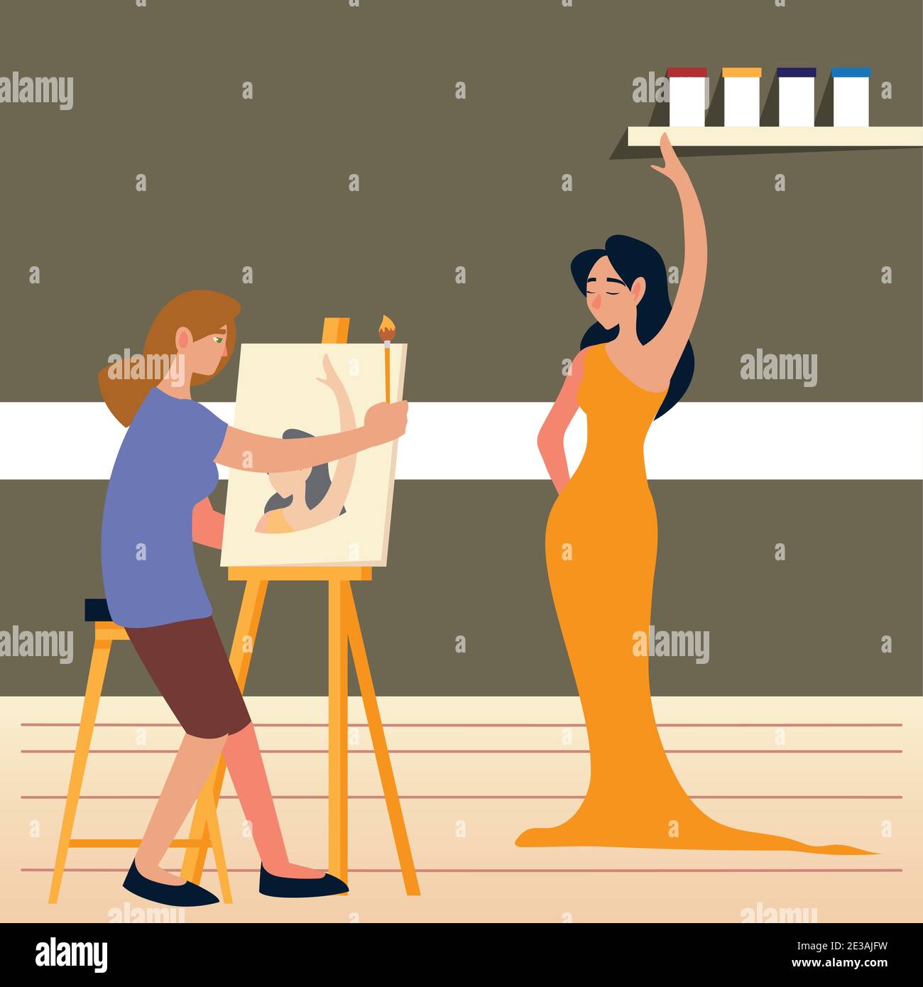 paint class art, girl sitting painting a female model in the studio ...
