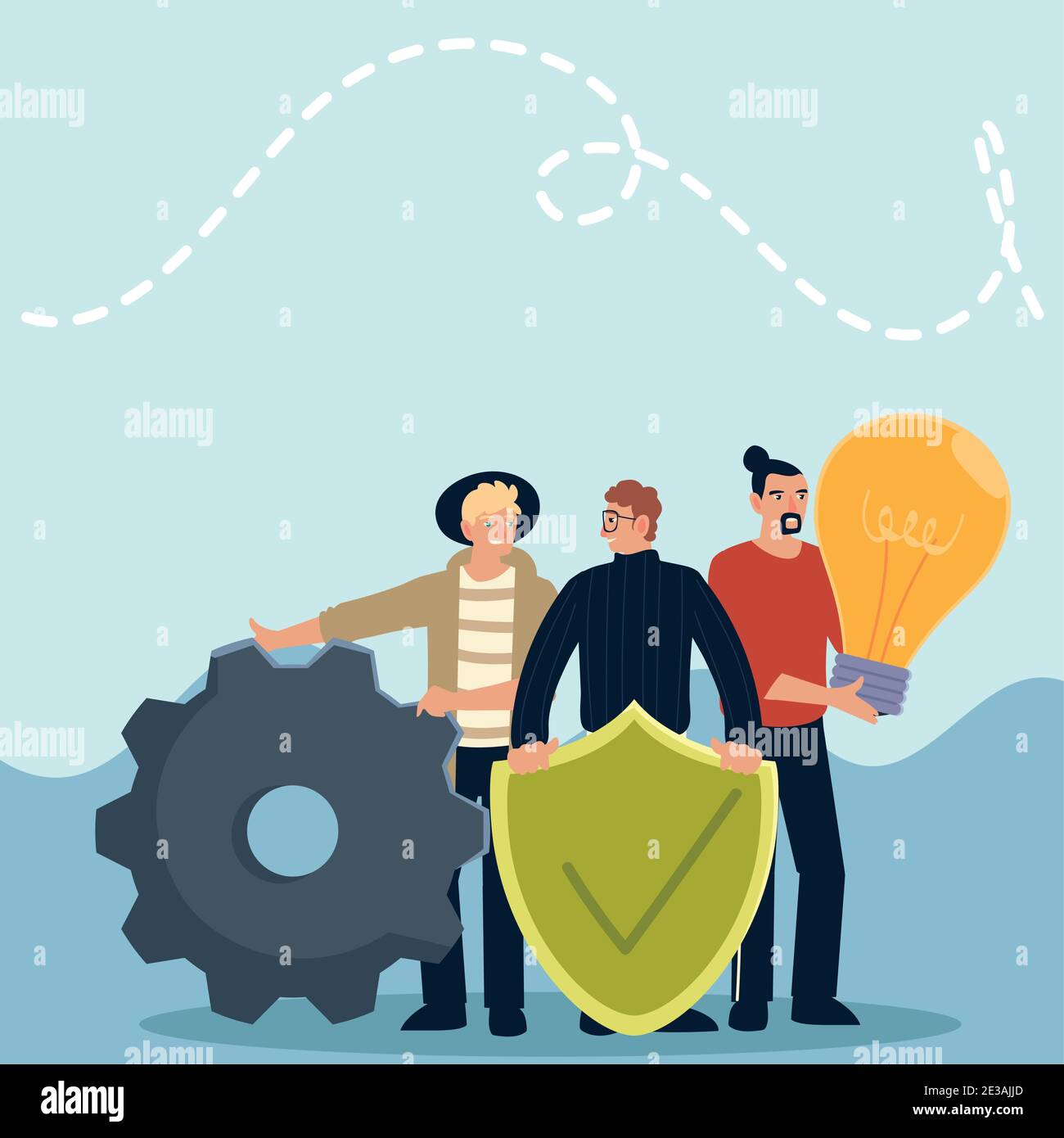 people holds atom molecule bulb and gear objects vector illustration ...
