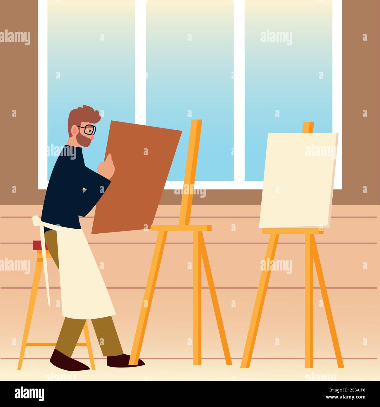 cartoon man painter holding canvas sitting in studio, paint class Stock ...