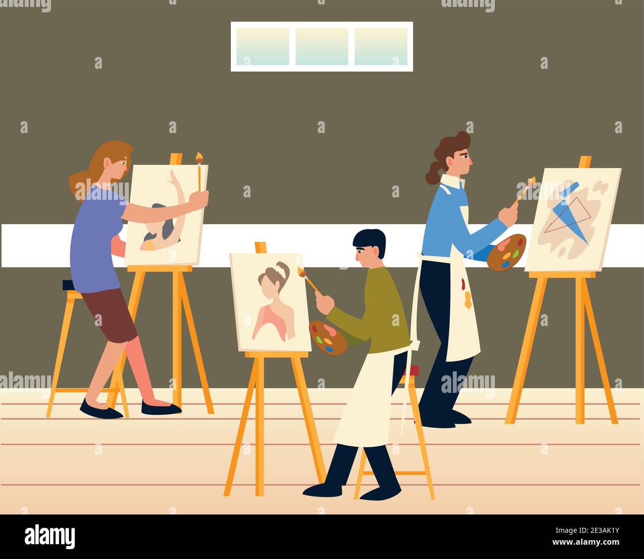 paint class, men and woman painting on canvas at easel Stock Vector ...