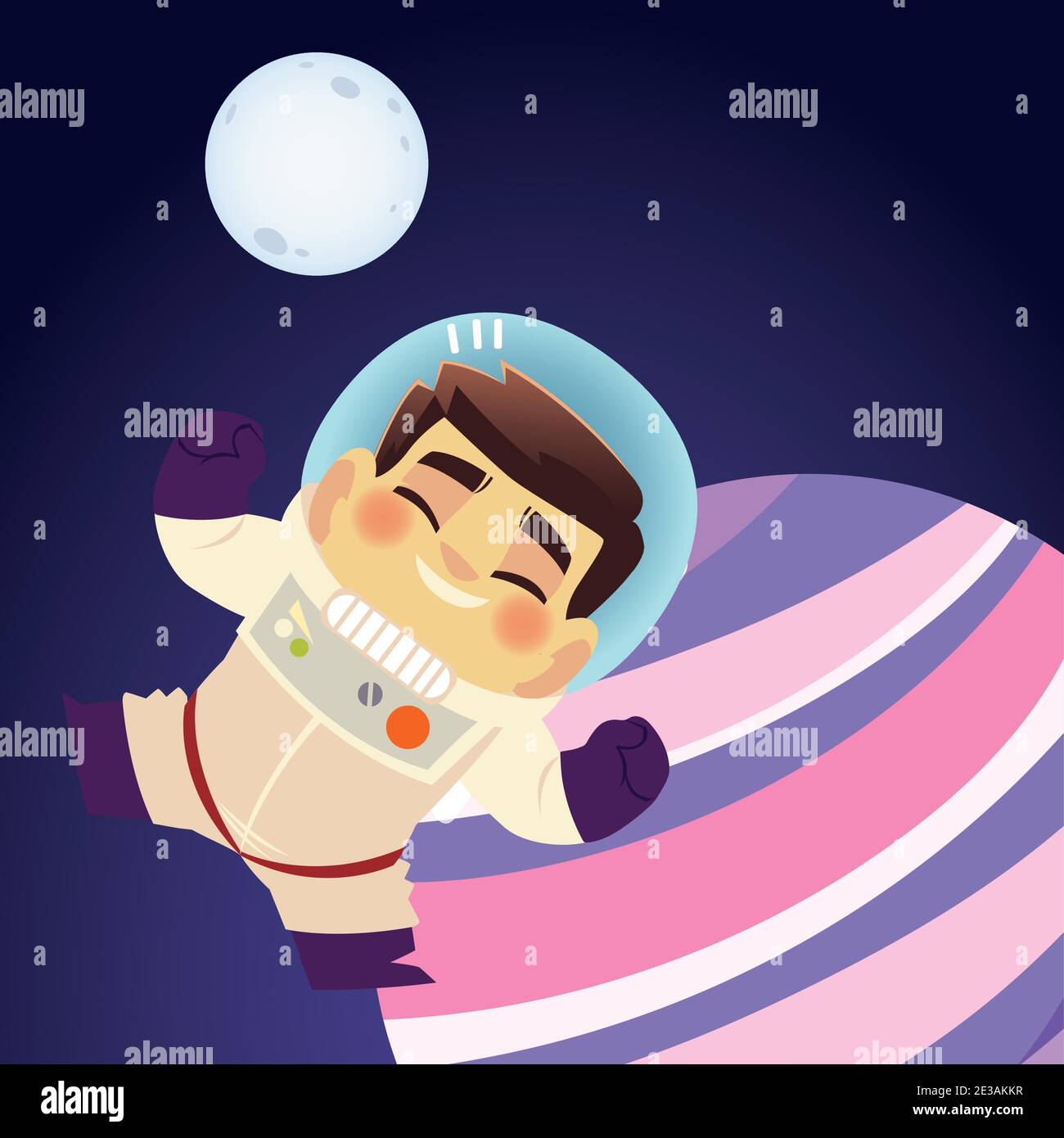 space happy astronaut character moon and planet cartoon vector ...