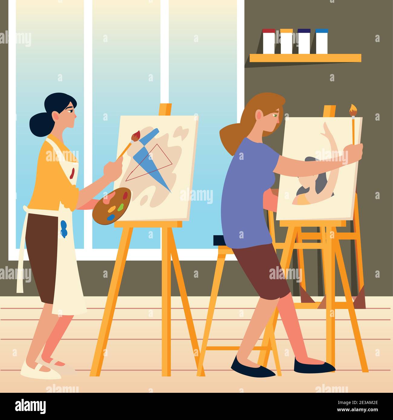 paint class art, students women painting on canvas in studio Stock ...