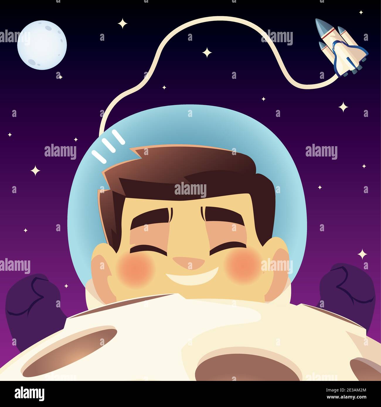 space floating astronaut spaceship planet and moon cartoon vector ...
