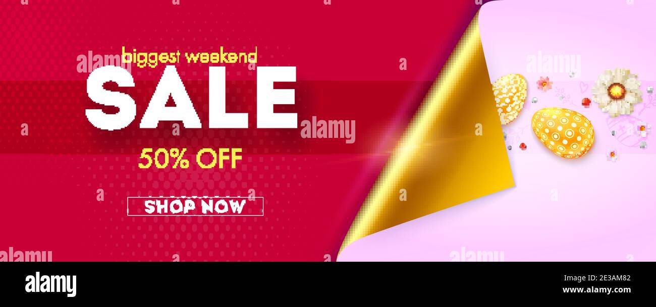 Biggest weekend sale. Golden corner of paper opening advantageous offer ...