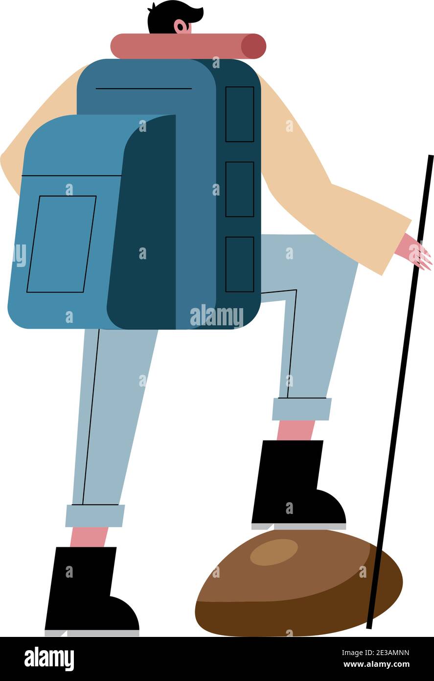 Hiker man cartoon with bag and stick on stone backwards design ...