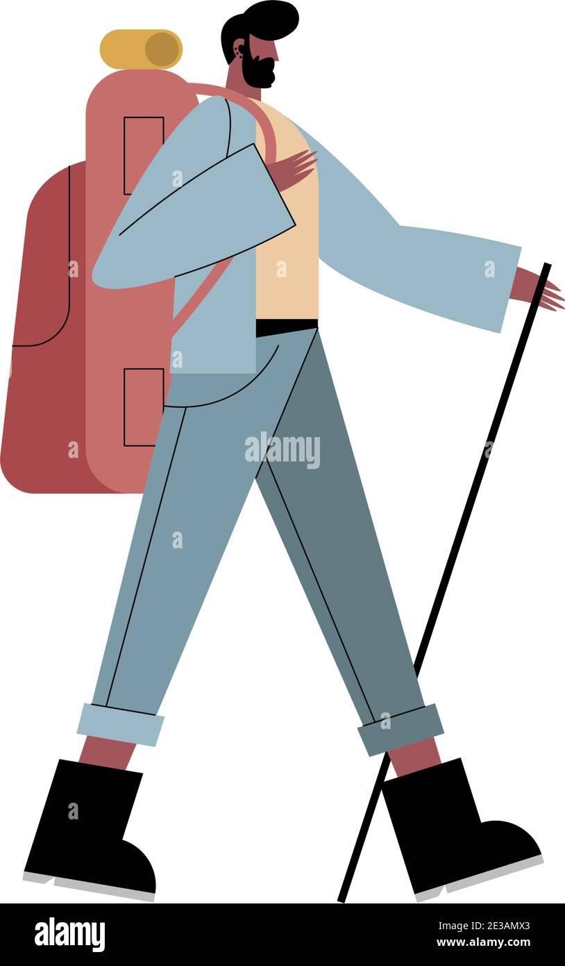 Hiker man cartoon with bag boots and stick design, Explorer walker ...