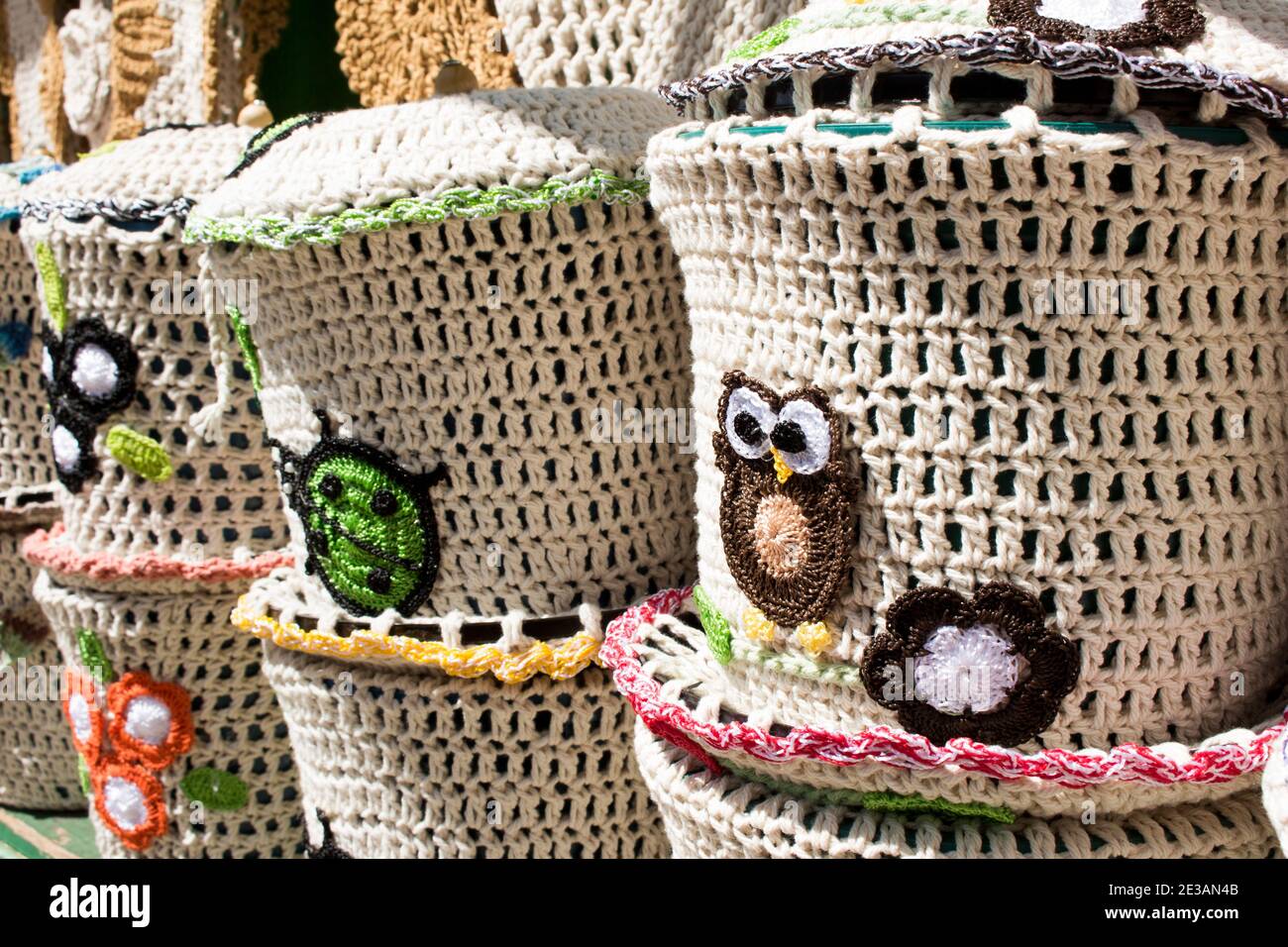 Crochet pieces for jars and trash bins with brown owl, green ladybug ...