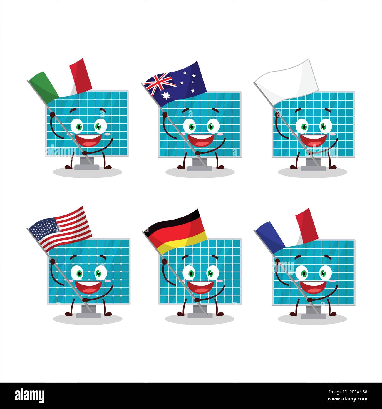 Solar panel cartoon character bring the flags of various countries ...