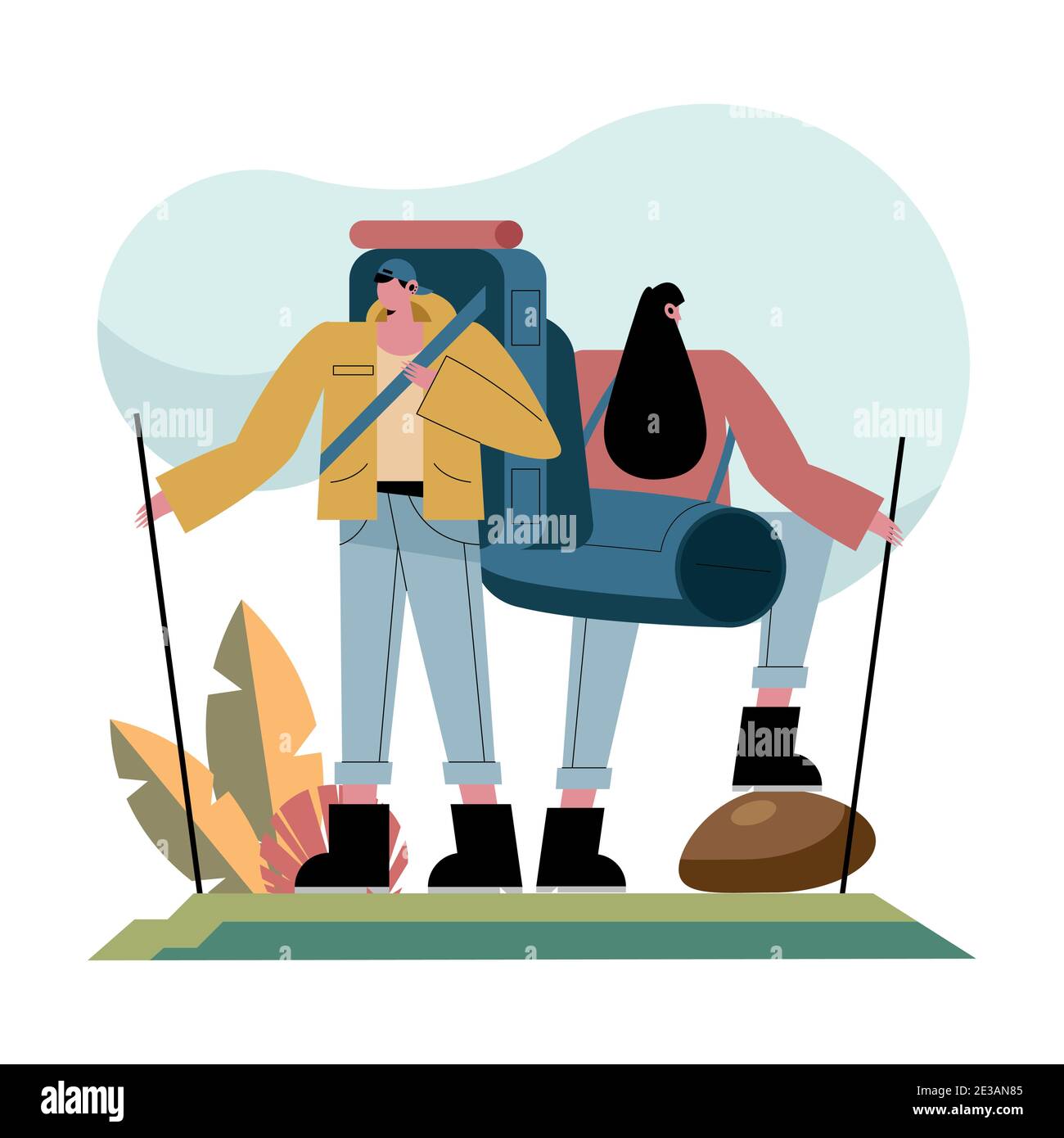 Hiker woman and man cartoons with bags and sticks design, Explorer ...