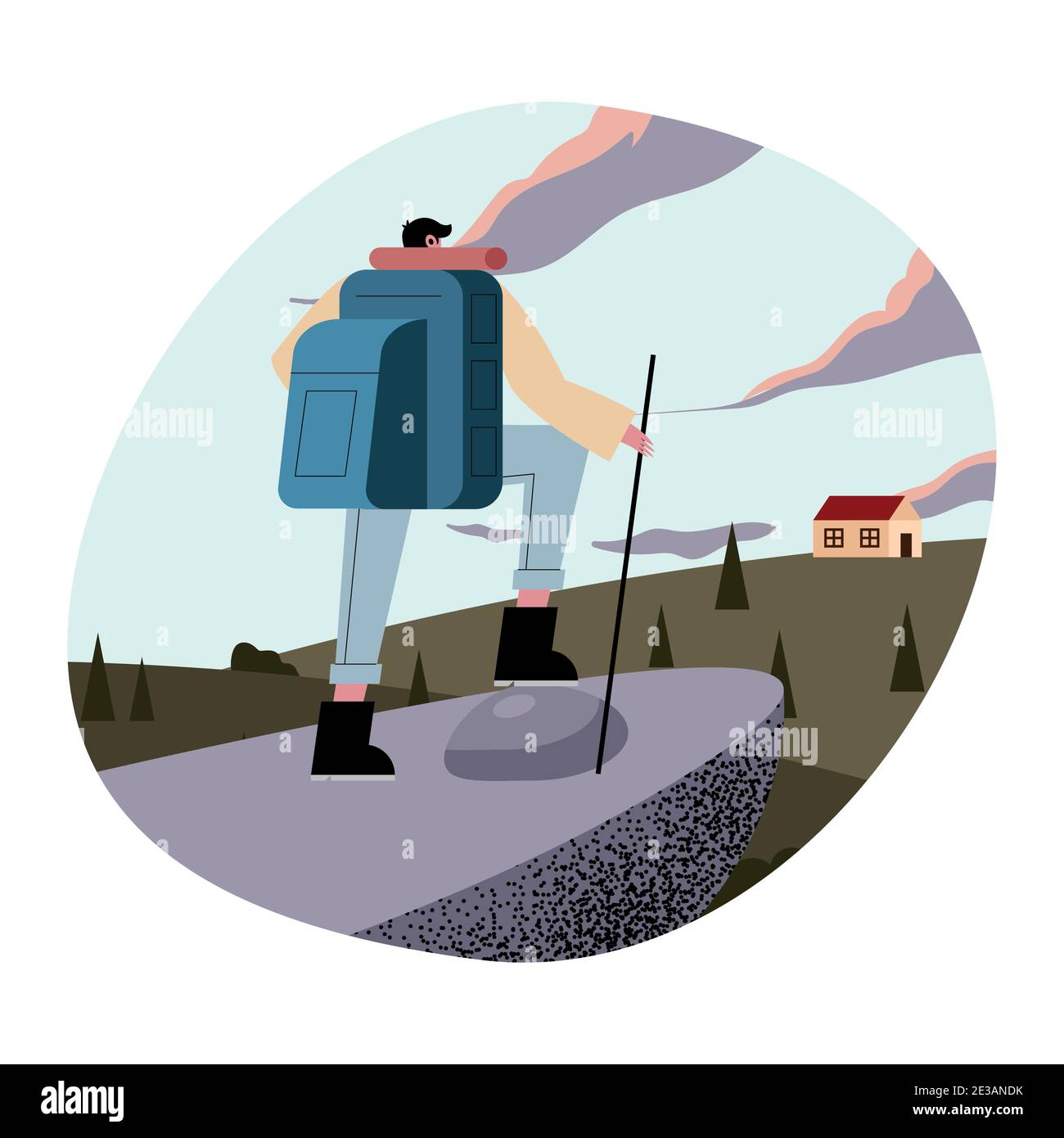 Hiker man cartoon with bag and stick on cliff seeing landscape design ...
