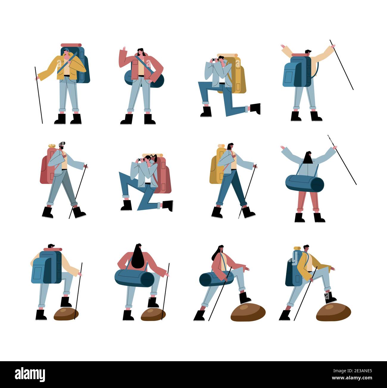 Hiker people cartoons with bags and sticks symbol collection design ...