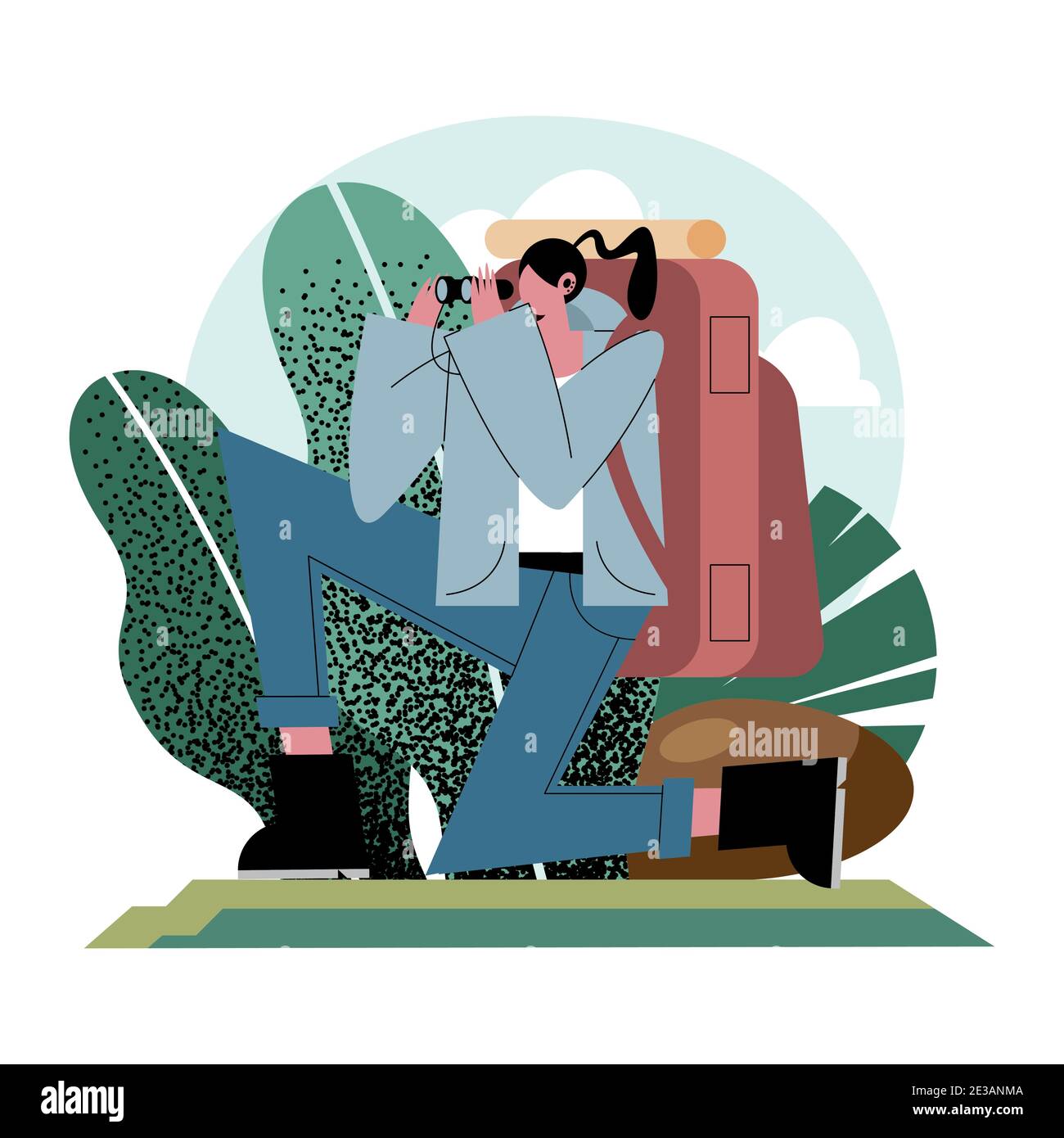 Hiker woman cartoon with bag and binoculars in front of leaves design ...