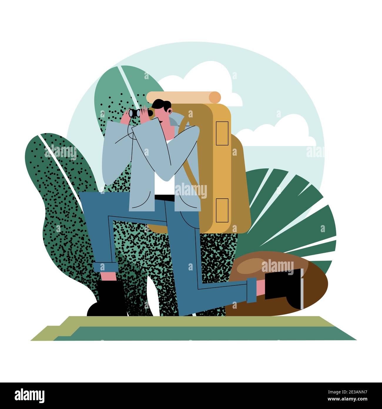 Hiker man cartoon with bag and binoculars in front of leaves design ...