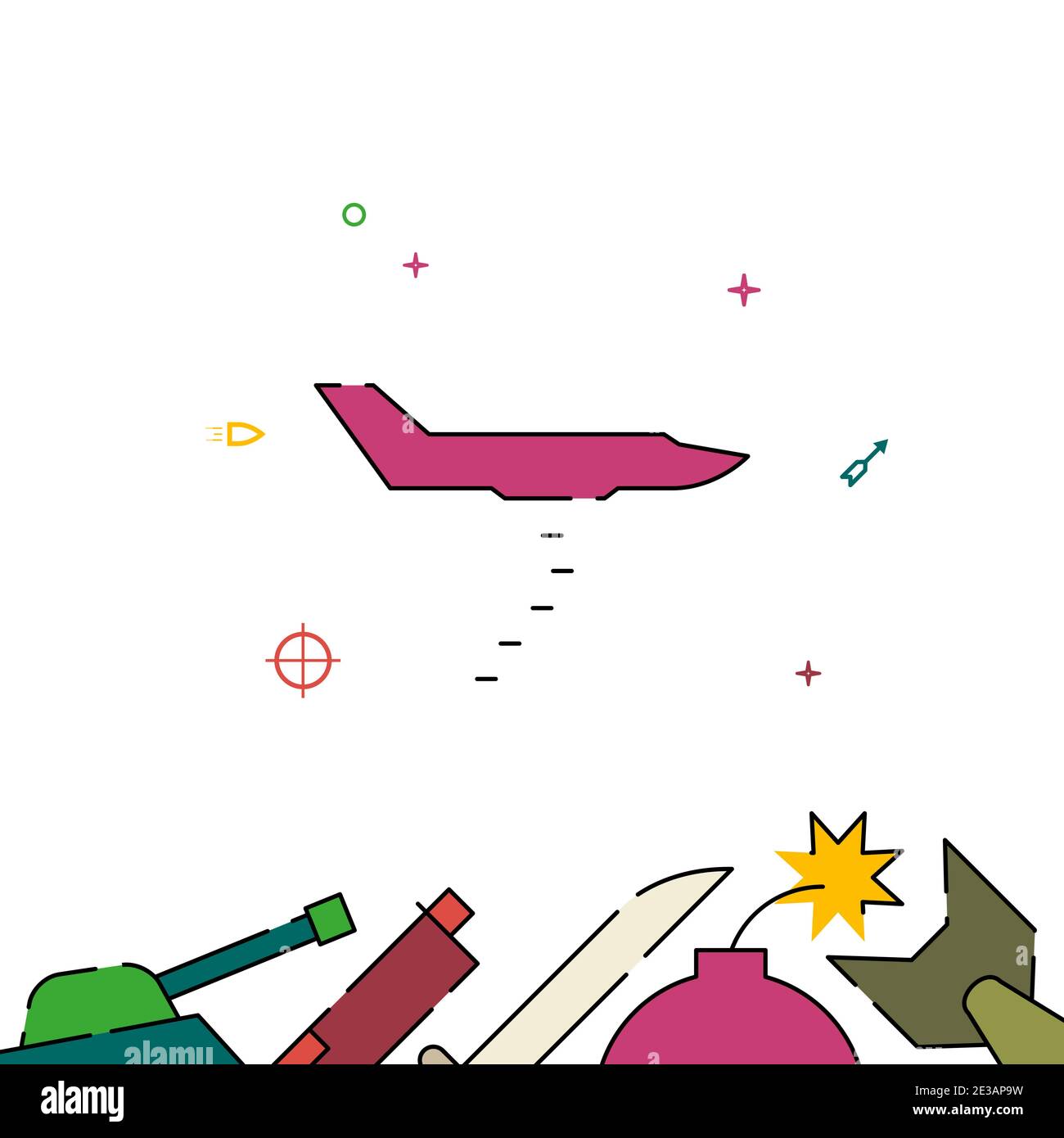 Bomber and falling bombs filled line vector icon, simple illustration ...