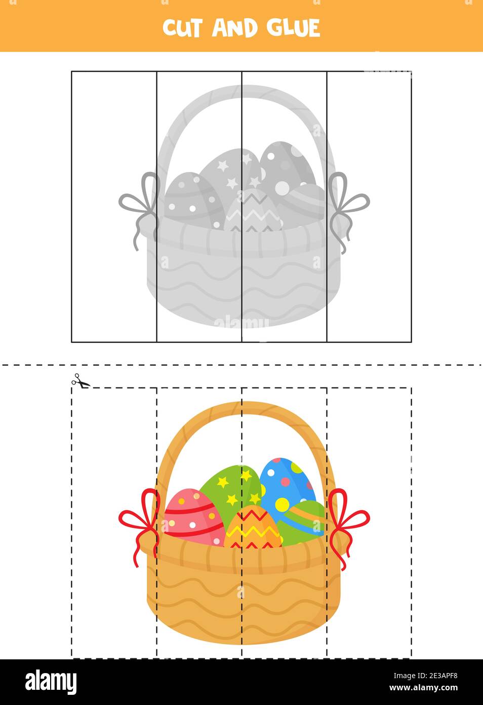 Cut and glue game for kids. Cute cartoon Easter basket. Cutting ...