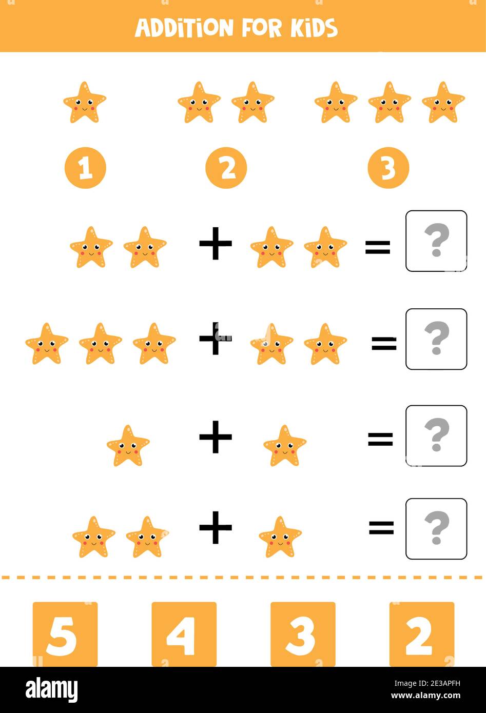 Addition game with cute cartoon sea starfish. Math game for kids Stock ...
