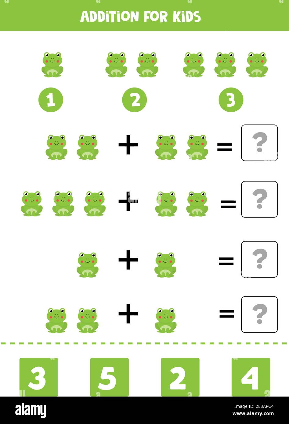 Addition game with cute cartoon frog. Math game for kids Stock Vector ...