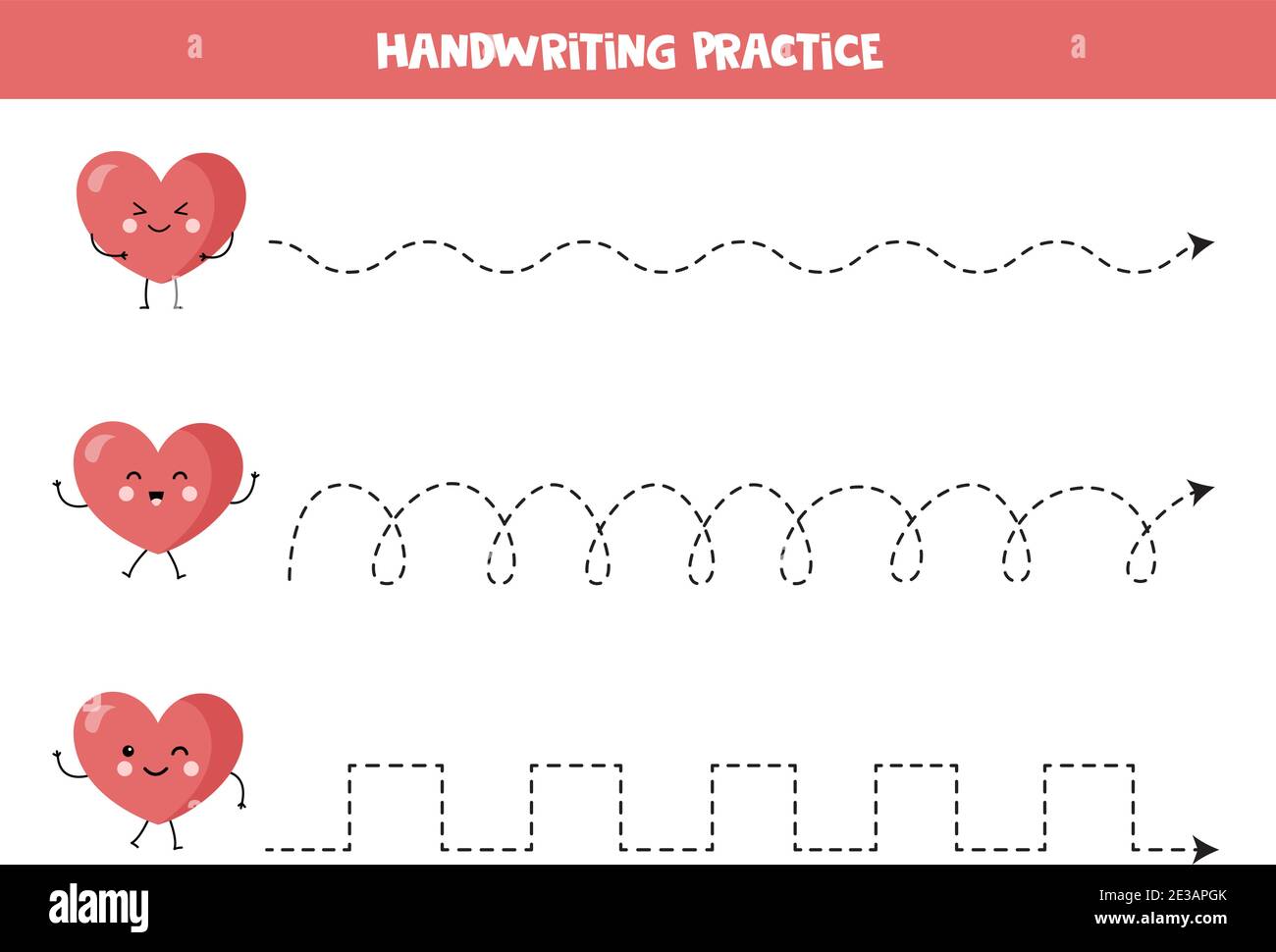 Tracing lines activity page with cute kawaii valentine hearts ...